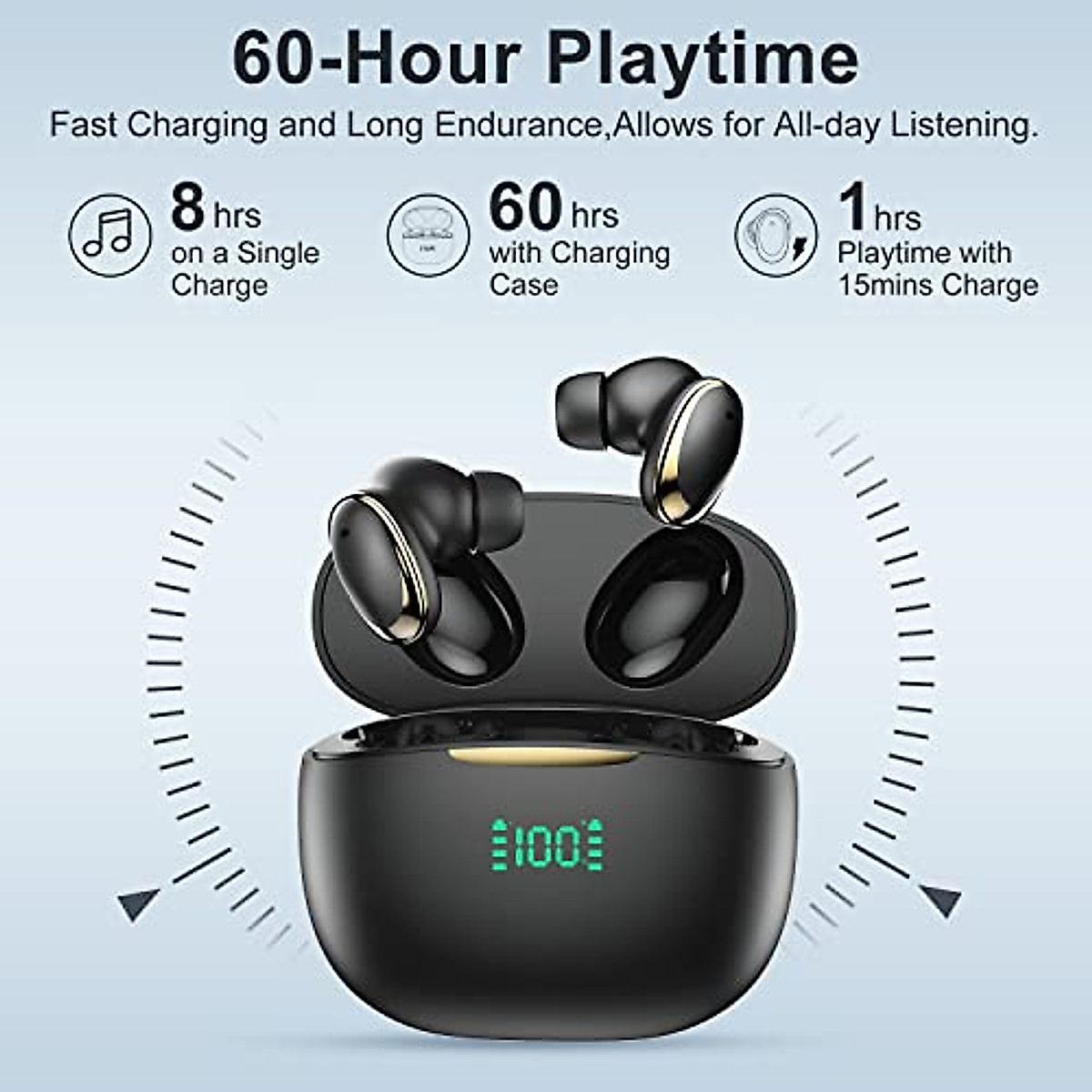 FOF Wireless Earbuds 60H Playback Bluetooth 5.3 Headphones Active Noise Cancellation in-Ear Earphones IPX6 Waterproof LED Power Display Ear Buds with 4 Microphone for Any Bluetooth Device