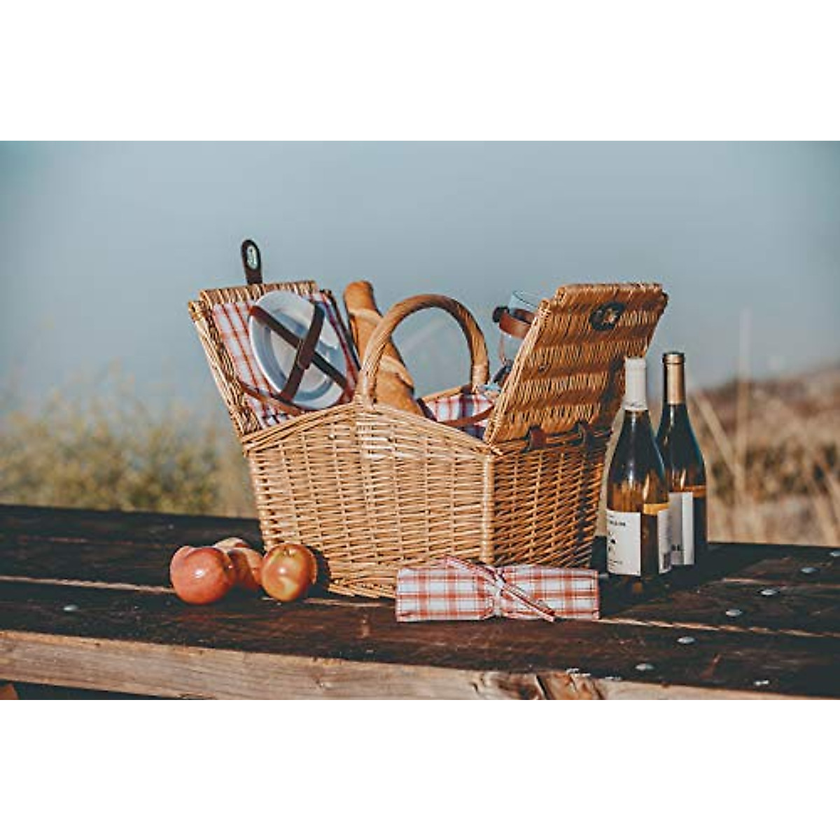 PICNIC TIME Piccadilly Picnic Basket - Romantic Picnic Basket for 2 with Picnic Set, (Red & White Plaid Pattern)