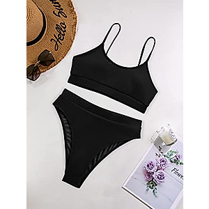 Lilosy High Waisted Tummy Control Bikini Ribbed Sporty Brazilian Swimsuit Set Women Highwaisted Cheeky Crop Push Up Top Cut Leg Rise Bottom 2 Piece Bathing Suit Black Medium