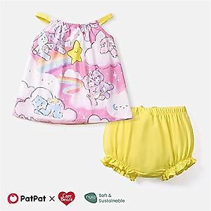 PATPAT Care Bears Baby Girl 2pcs Outfit Bear Print Cami Top and Solid Cotton Shorts Set Toddler Girl Cute Clothes Yellow 12-18 Months