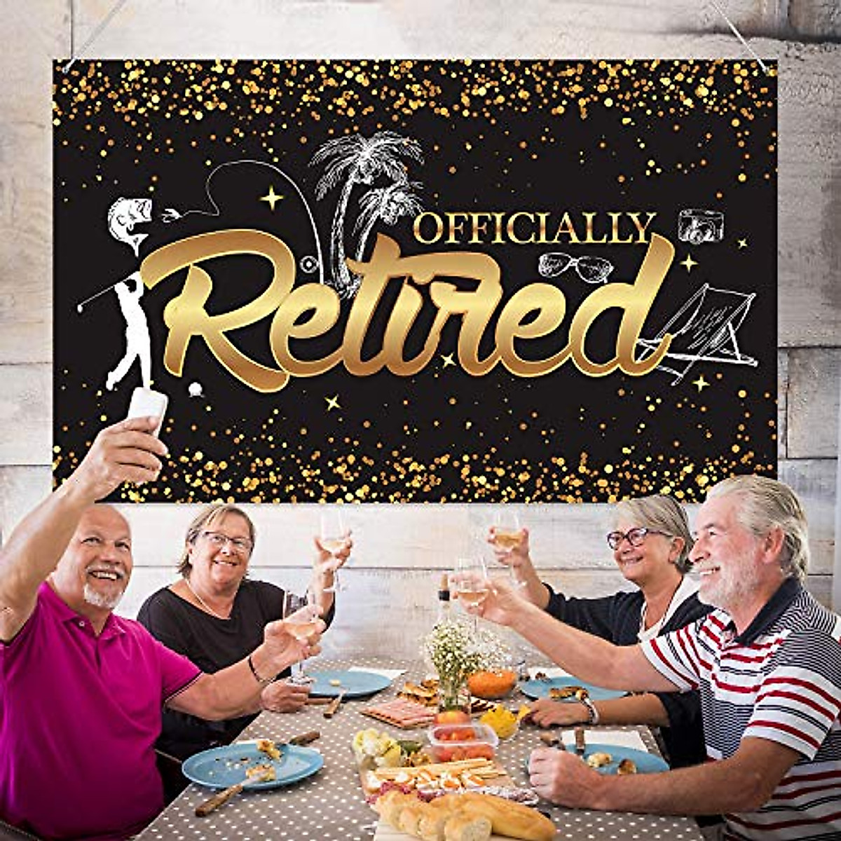 Happy Retirement Party Decorations, Giant Black and Gold Sign Retirement Party Banner Photo Booth Backdrop Background for Happy Retirement Party Supplies (Black)