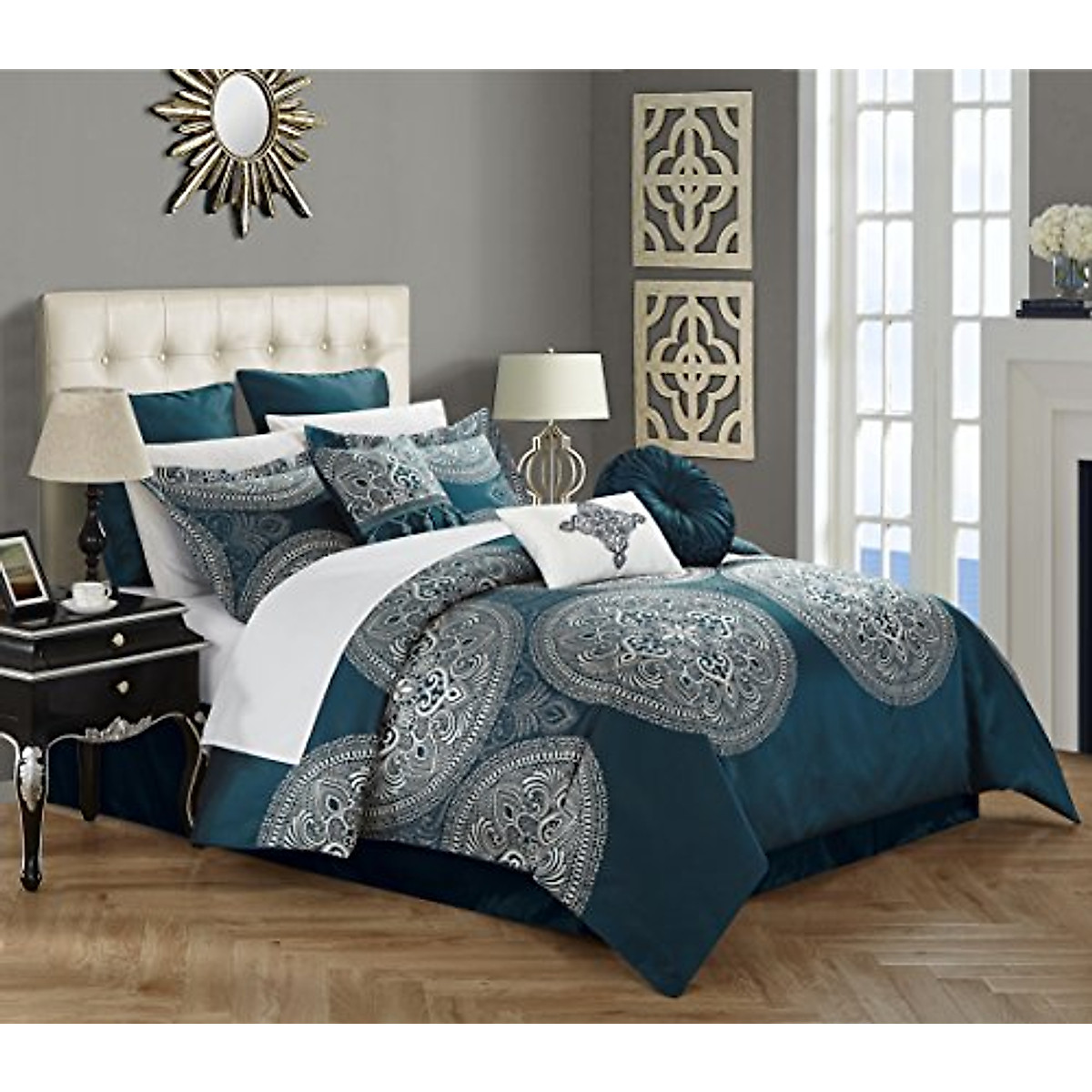 Chic Home CS2687-AN Chic Home 9 Piece Orchard Place Faux Silk Luxury Large Medalion Jacquard with Embroidery Details and Trims Queen Comforter Set Blue