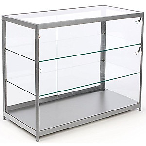 Displays2go Retail Display Counter with Lighting, Locking, Tempered Glass Shelves, Aluminum Frame – Clear, Silver (JBQCT48LED)