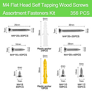 M4 Flat Head Self Tapping Wood Screws Assortment Fasteners Kit 356Pcs,Phillips Drive Countersunk Head Screws,304 Stainless Steel DIY and Joinery Drywall Screws Set,Contains 36Pcs M6 Screw Anchors