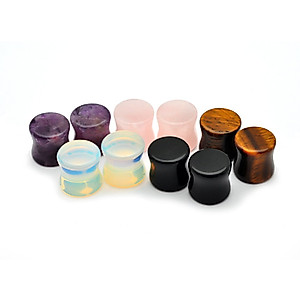 Mystic Metals Body Jewelry Set of 5 Pairs Double Flare Stone Plugs - Amethyst, Black Agate, Opalite, Tiger Eye, Rose Quartz (7/16" (11mm))