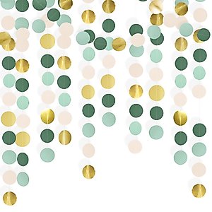 GCQQ Sage-Green Mint Beige-Gold Circle Garland, 52Ft Glitter Hanging Polka Dots Garlands, Sage Green Paper Circle Garland, Circle Garland for Baby Safari Bridal Shower Engagement Wedding Party Decor
