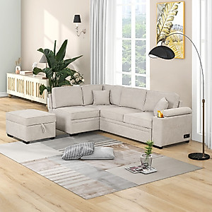 Harper & Bright Designs 87.4" Sleeper Sofa Bed, 2 in 1 Pull Out Sofa Bed L-Shape Couch with Storage Ottoman for Living Room, Bedroom and Small Apartment, Beige