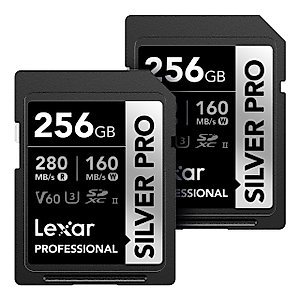Lexar 256GB (2-PK) Professional SILVER PRO SDXC Memory Card, UHS-II, C10, U3, V60, Full-HD & 4K Video, Up To 280MB/s Read, for Professional Photographer, Videographer, Enthusiast (LSDSIPR256G-B2NNU)