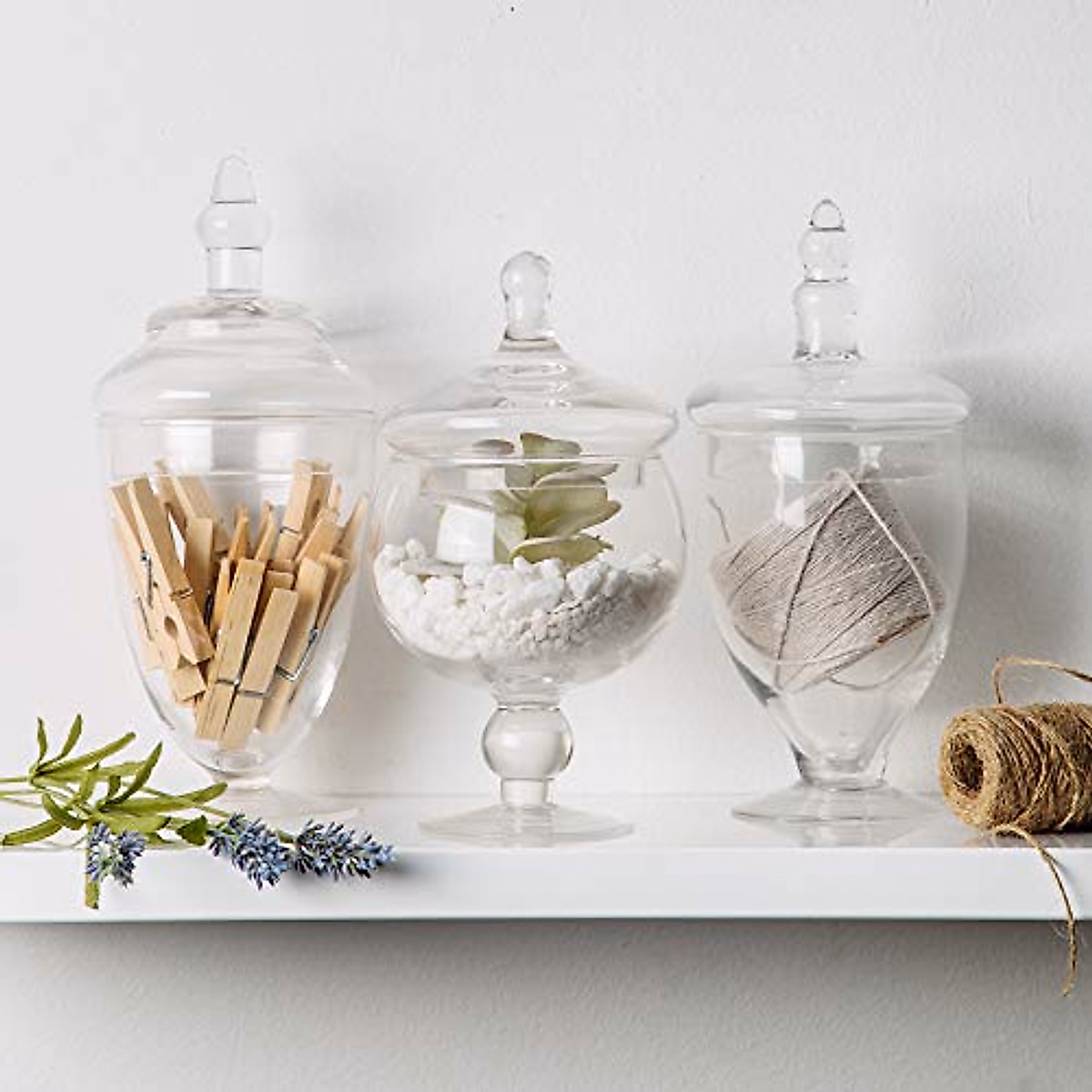 Glaver's Apothecary Jars With Lids, Set Of 3 Candy Jars, Countertop Canister, Glass Décor, Restroom Accessories, Buffet Décor, For all your Vanity Storage and much more