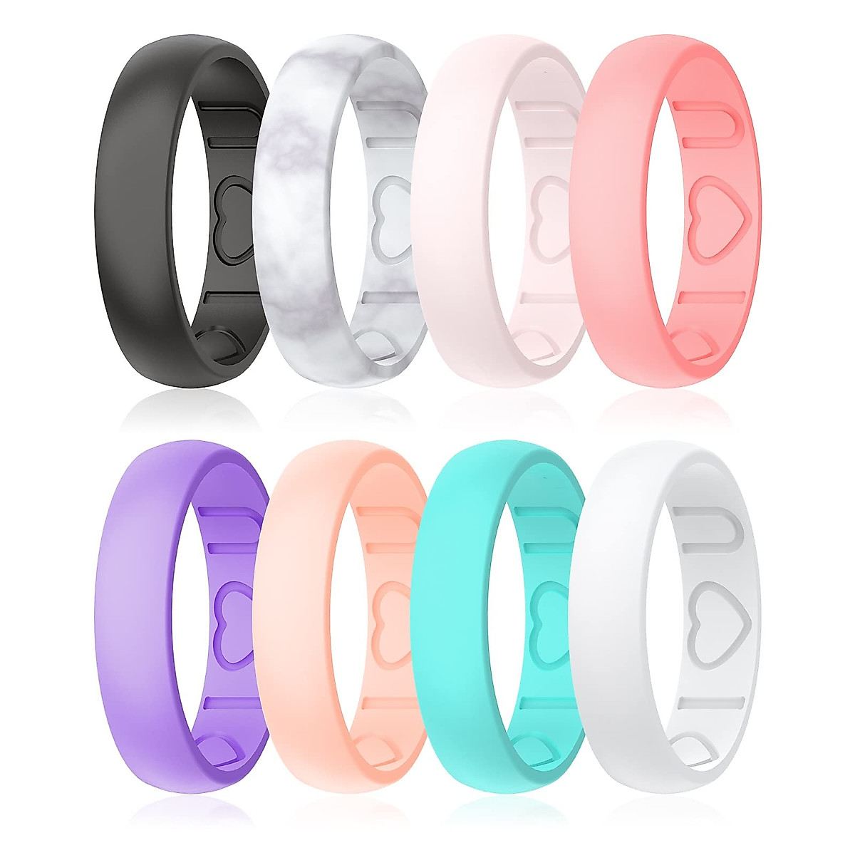 Silicone Ring Women - Heart [I Love U] Pattern Airflow Flow Grooves Breathable Rubber Wedding Bands for Women - 8 Rings / 4 Rings
