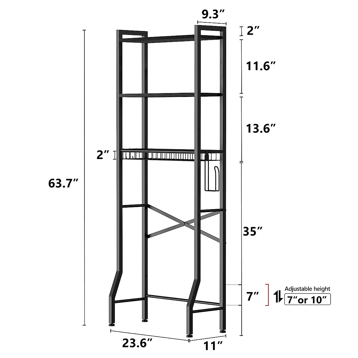 Kalrin Over-The-Toilet Storage Rack, 3-Tier Bathroom Organizer Shelf Over Toilet with Shelf and Basket, Freestanding Space Saver Bathroom Shelves Above Toilet for Room (Black)