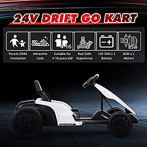 TOBBI 24V Electric Drifting Go Kart for Kids, Electric Ride On Toy w/85W*2 Motors, 8mph Max Speed, Safety Belt, Music, Horn, USB, Battery Powered Ride On Cars for Kids Ages 4-16 Years