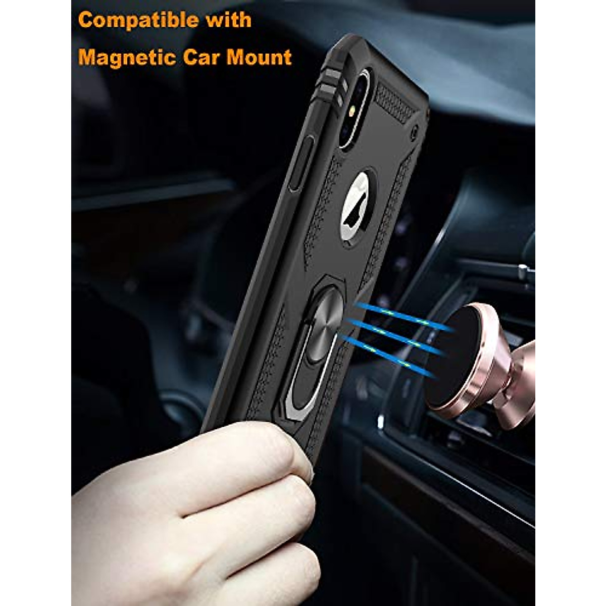 LUMARKE iPhone Xs Max Case with Tempered Glass Screen Protector,iPhone Xs Max Cover Military Grade 16ft. Drop Tested Cover with Magnetic Ring Kickstand Protective Phone Case for iPhone Xs Max Black