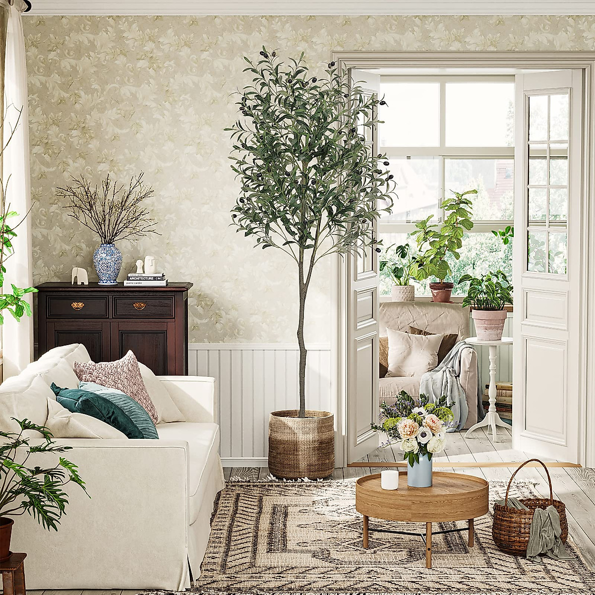 VIAGDO Artificial Olive Tree 6ft Tall Fake Potted Olive Silk Tree with Planter Large Faux Olive Branches and Fruits Artificial Tree for Home Office Living Room Decor Indoor, 1176 Leaves