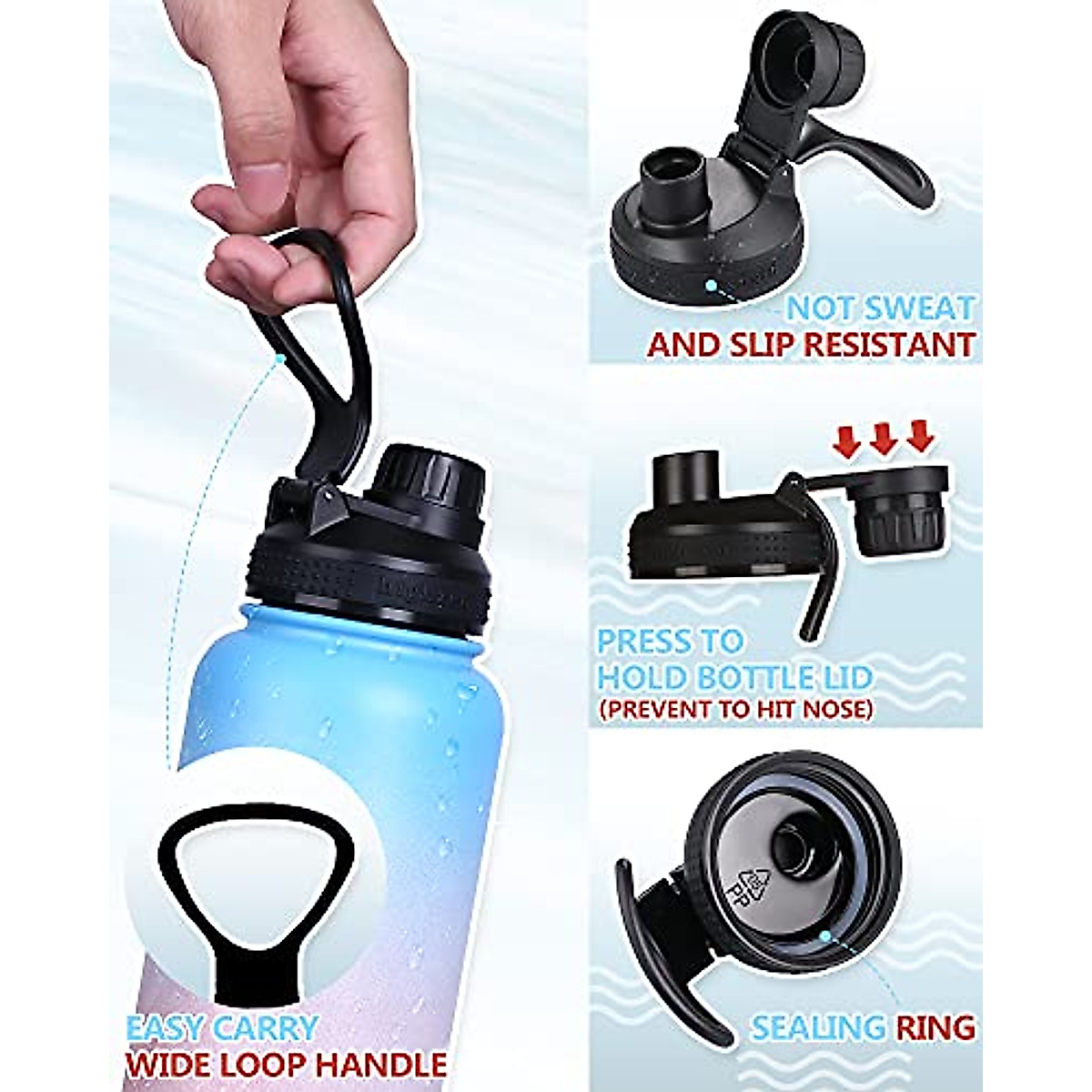 HAPHOM Insulated Water Bottle 37oz Sport Water Bottle 18/8 Stainless Steel BPA Free Sweat Proof and Hinge Lock Lid Anti-Rust Suitable for All People and Anywh