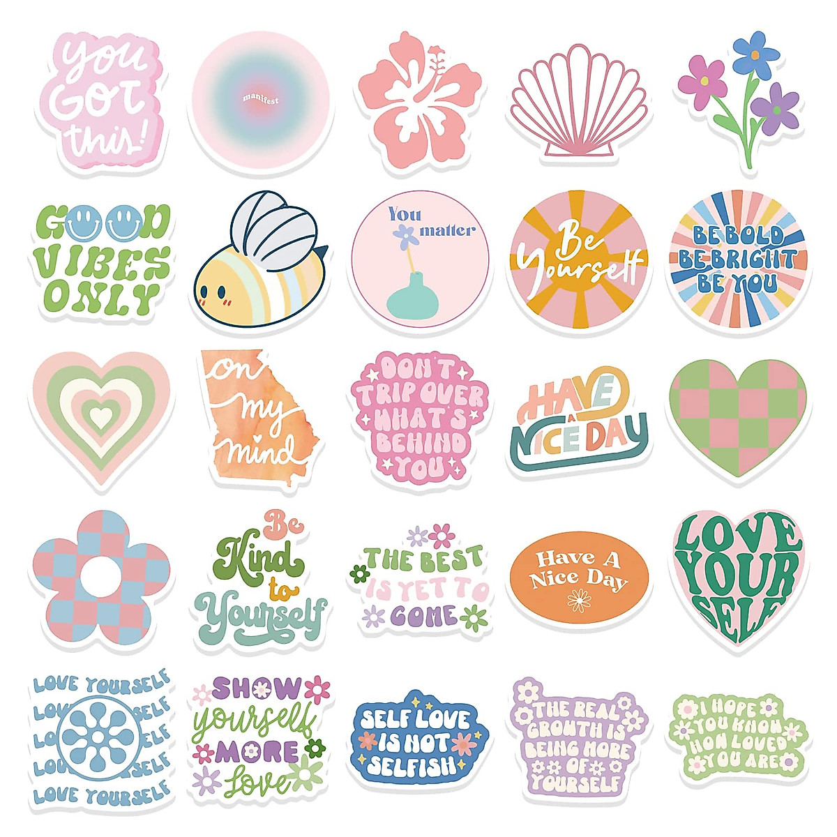 Cute Preppy Stickers 50 Pcs, Pastel Inspirational Stickers, Vinyl Waterproof Aesthetic Motivational Stickers for Water Bottles Laptop Phone Computer Guitar