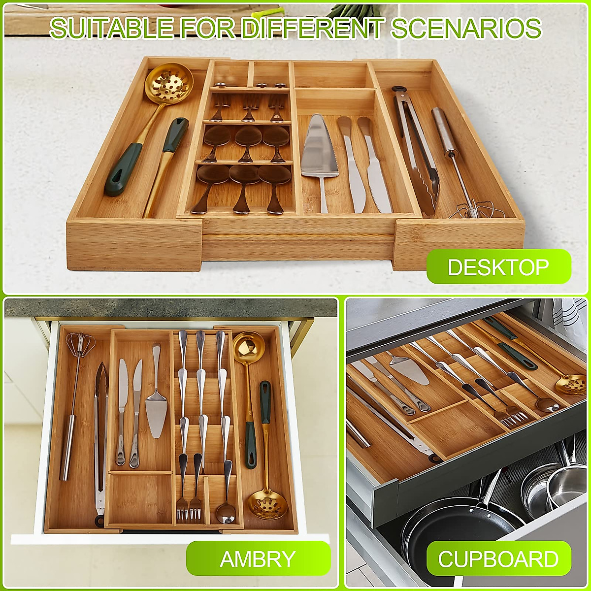 Adethkoro Bamboo Expandable Silverware Organizer and Utensil Organizer, Drawer Organizer Kitchen Utensil, flatware organizer and Cutlery Tray for drawer, for Spoons, Forks, Knives in Kitchen