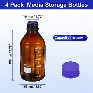 PATIKIL 4 Pack Reagent Media Storage Bottles, 1000ml Borosilicate Glass Graduated Round Bottles with GL45 Blue Screw Cap for Lab Water Reagent Liquids, Brown