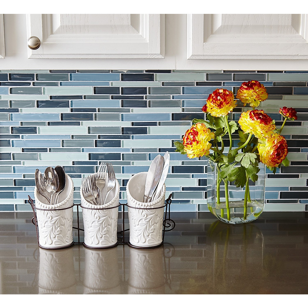 iEnjoyware Kitchen Tool Crock (4 Pieces) - 3 Ceramic Utensil Holders (4" Dia x 7" H each) & 1 Metal Caddy - White & Embossed Design