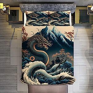 MSSHUKYTT Vintage Japanese Mount Fuji Duvet Cover Set 3 Piece Queen Size,Cool Dragon Nature Landscape Japan Great Wave Cabin Duvet Cover 2 Pillowcases(No Insert)
