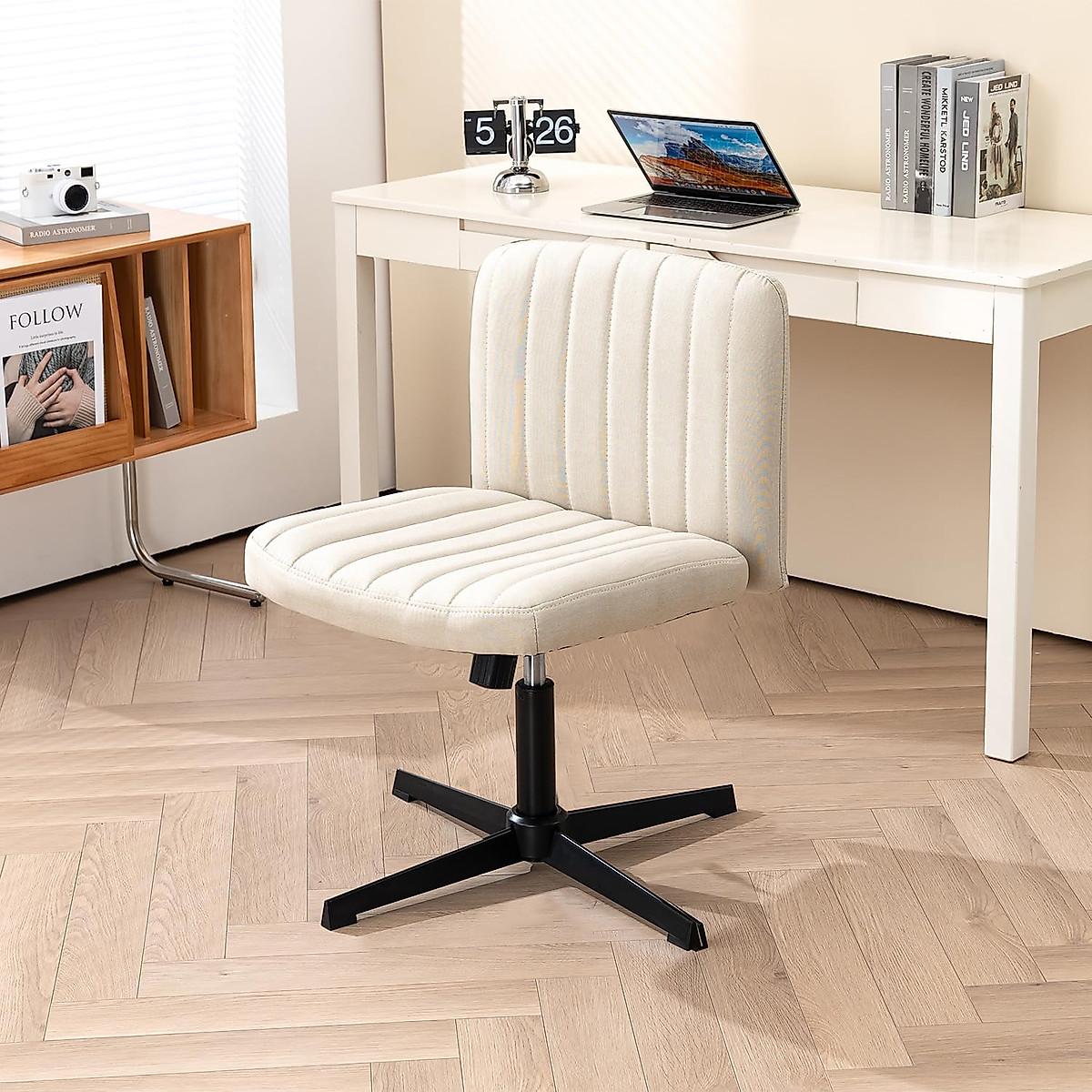 Panana Office Chair Fabric Padded Seat Armless Desk Chair Swivel Computer Task Chair Mid-Back No Wheels Accent Chair (Beige)