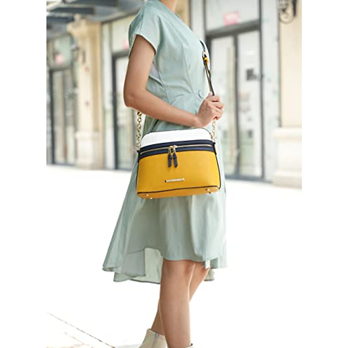 MKF Crossbody Bag for Women – PU Leather Pocketbook Handbag – Designer Side Messenger Purse, Shoulder Crossover Mustard Navy