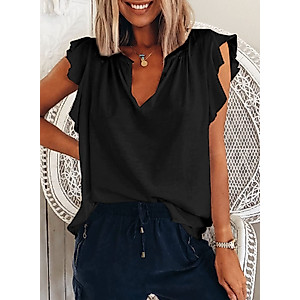 Dokotoo Ruffle Sleeve Tops for Women Summer Fashion Sexy V Neck Sleeveless Tank T-Shirt 2024 Ladies Casual Solid Color Ruffled Cap Sleeves Tunic Tee Shirts (Black, Large)
