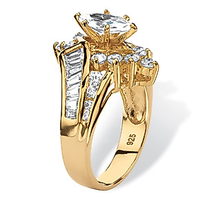 PalmBeach Yellow Gold-Plated Sterling Silver or Platinum-Plated Marquise Shaped and Baguette Cubic Zirconia Bypass Engagement Ring Size 7