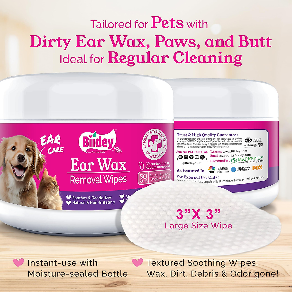 Biidey Dog Ear Wipes, Ear Cleaner for Dogs and Cats, Relieve Ear Itching, Inflammation & Infections, Clean Ear Wax, Debris, Soothe & Deodorize, Natural Organic Essential Grooming Supplies, Paw Cleaner