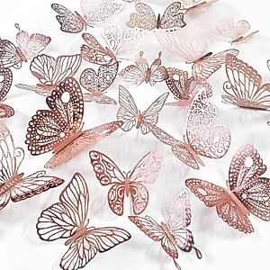 Ewong 60Pcs 3D Butterfly Wall Decal Birthday Cake Party Decoration 5 Style Mural Sticker Art Craft Kid Nursery Classroom Wedding Baby Shower Decorative Girl Bedroom Home Room Office Decor (Rose Gold)