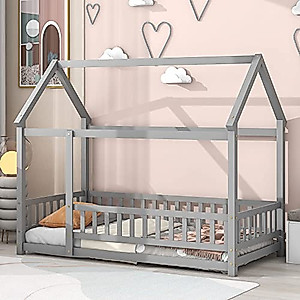 DEYOBED Twin Size Wooden Bed with House Roof Frame and Fence Guardrails, Twin Size Floor Bed Frame for Children - Gray Floor Bed