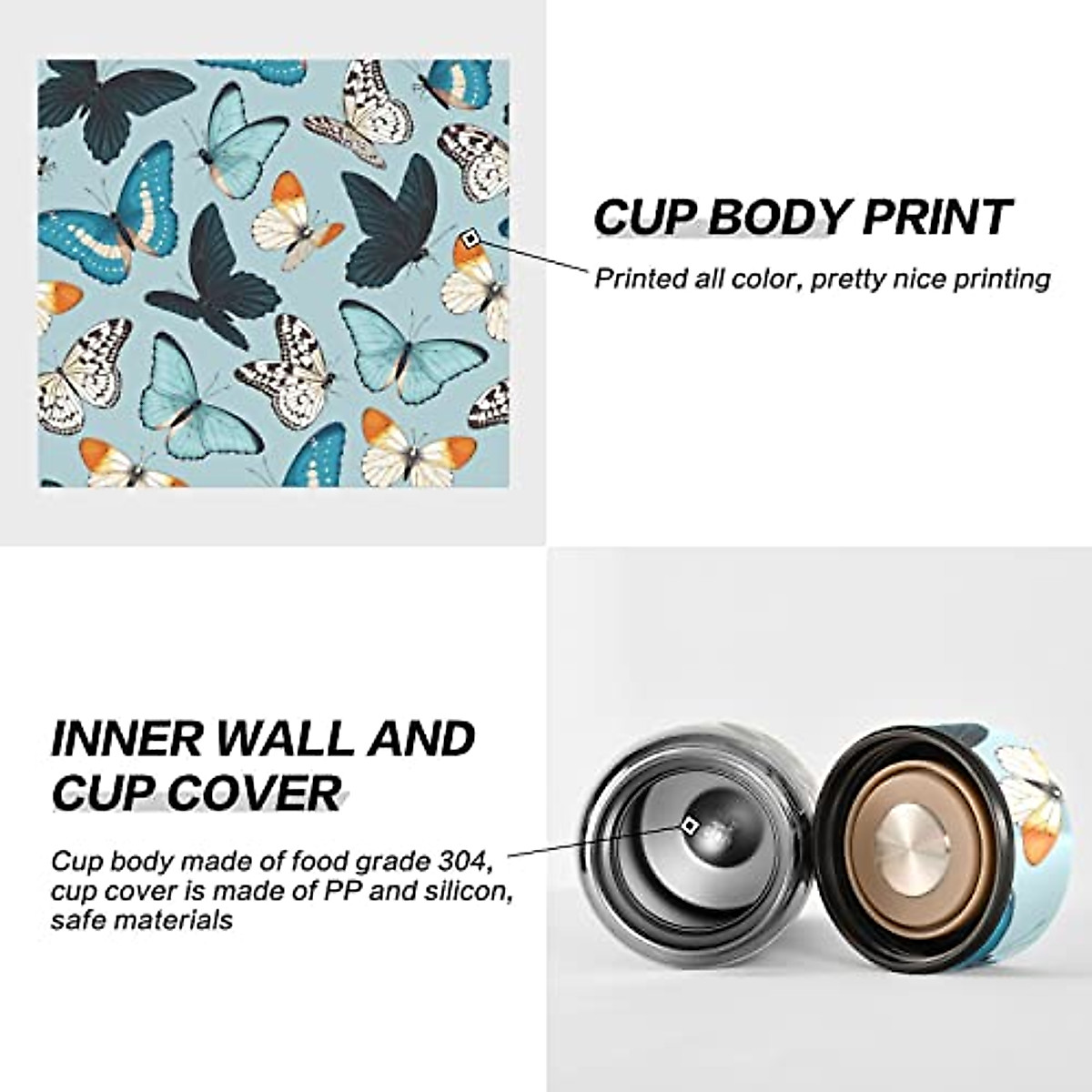 CaTaKu Small Water Bottle 12 oz, Colorful Butterfly Insulated Water Bottle for Water Coffee Tea Stainless Steel Flask Thermos Bottle Reusable Wide Mouth Vacuum Travel Mug