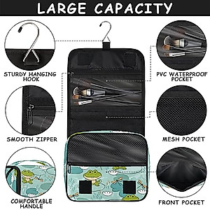 POFATO Frog Dragonfly Lotus Leaf Travel Toiletry Bag Cosmetic Makeup Bag for Women Men Hanging Hook Wash Toiletries Portable Toiletry Bags Organizer