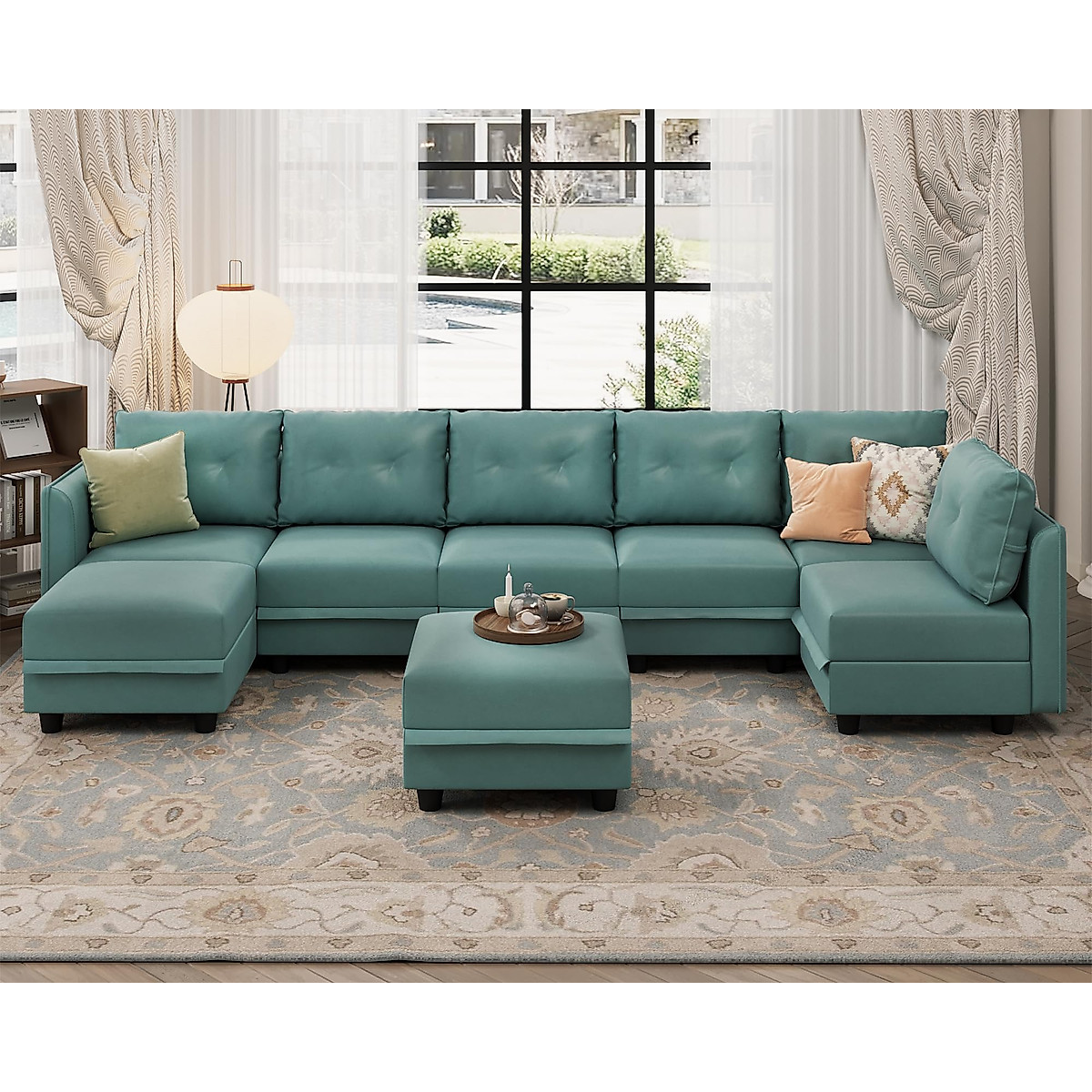 LLappuil Modular Sectional Sofa with Reversible Chaise, U Shaped Couch with Storage, Modern Faux Leather Fabric Sofa with Ottoman, Oversized Sectionals for Living Room, 8 Seat, Aqua Blue