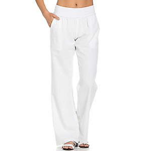 Poplooks Women's Comfy Fold Over Linen Pants (Small, White)