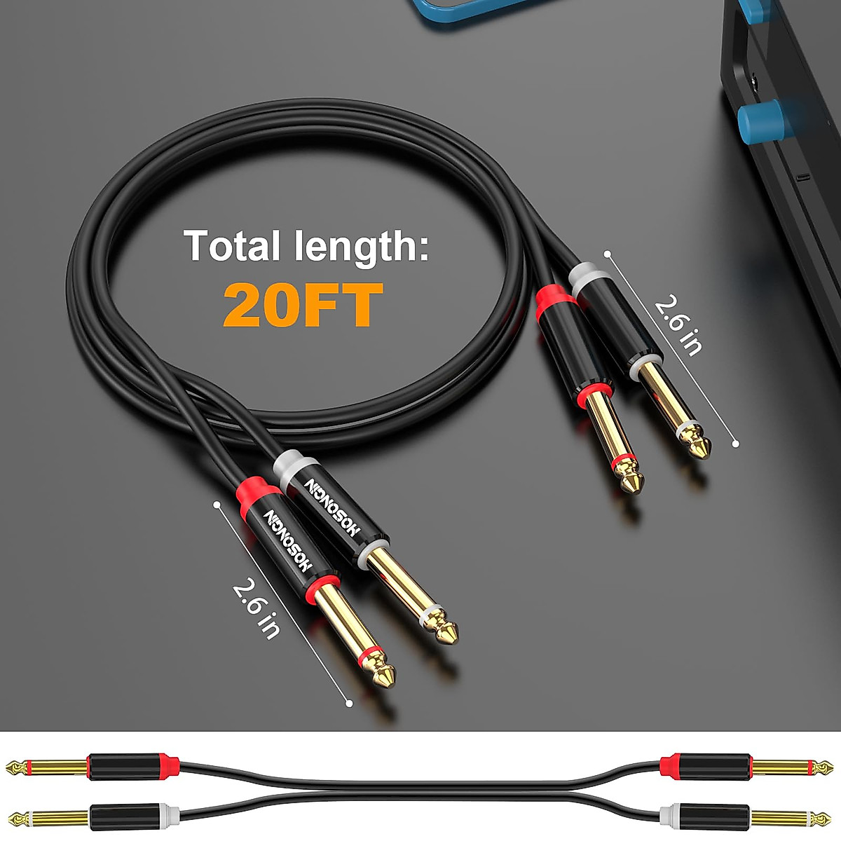 HOSONGIN Dual 1/4 inch TS to Dual 1/4 inch TS Stereo Interconnect Insert Cable for Amplifer Mixer, 20 Feet, PVC Jacket-Gold Plated Plug-Double Shielding