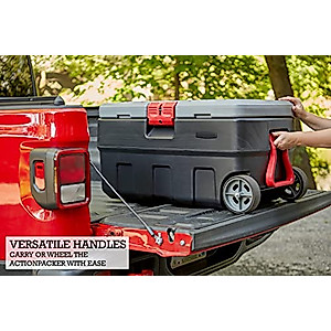 Rubbermaid ActionPacker 35 Gal Wheeled Lockable Storage Bin with Lid, Heavy-Duty Water Repellent Industrial Container with Built-In Durable Wheels, Great Tool Organizer, Truck Bed Storage, and More