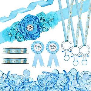 53 Pcs Baby Shower Favors for Boy Maternity Flower Sash Belt Blue Large Acrylic Pacifier Mom to Be Dad to Be Badge Pin It's a Boy Ribbon for Boy Baby Shower Gender Reveal Pregnancy Wedding