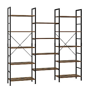 finetones Triple Wide 5-Tier Bookshelf, Large Industrial Bookcase with Metal Frame, 68.5 x 11.8 x 68.1 in, Tall Open Storage and Display Rack for Home Office, Rustic Brown
