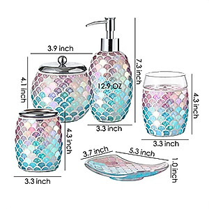 Motifeur Bathroom Accessories Set, 5-Piece Glass Bath Accessory Complete Set with Lotion Dispenser/Soap Pump, Cotton Jar, Soap Dish, Tumbler and Toothbrush Holder (Mermaid)