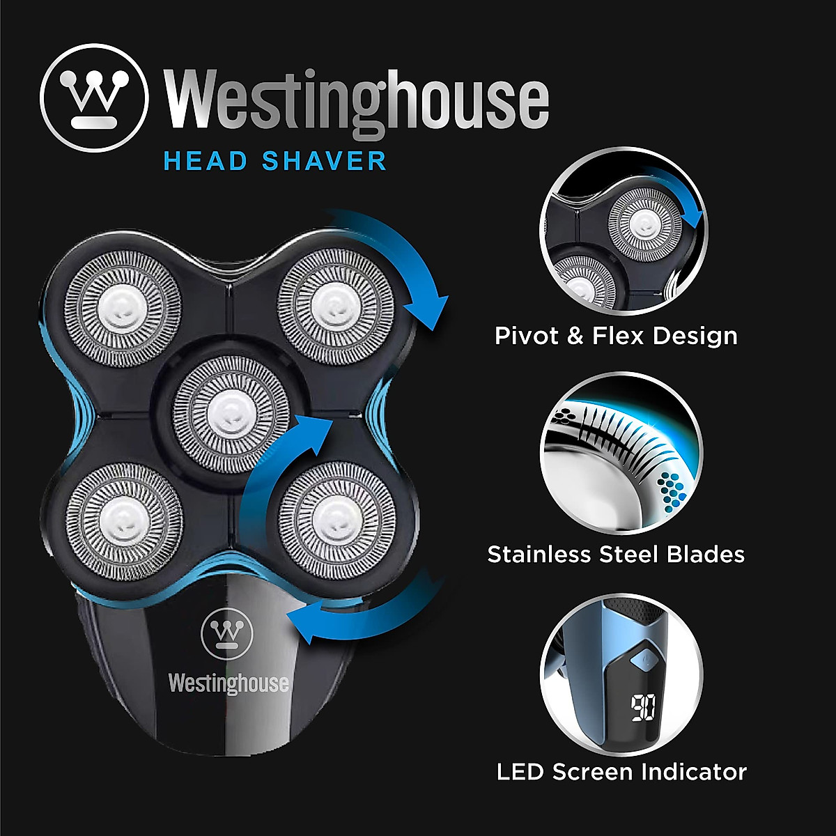 Westinghouse Head Shaver for Bald Men Electric Rechargeable Skull Shavers for Men Cordless Rotary Bald Head Shavers for Men with 5 Powerful Rotating Heads
