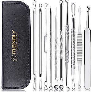 Pimple Popper Tool Kit,MENOLY 10Pcs Blackhead Remover Tools,Pimple Extractor,Acne Tools,Acne Kit for Blackhead,Blemish,Zit Removing,Whitehead Popping and Comedone Extractor Tool with Leather Bag