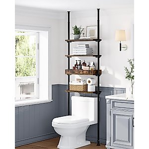 ALLZONE 4-Tier Over The Toilet Storage Shelf, Wood Bathroom Organizer Over Toilet Cabinet with Adjustable Shelf, Versatile Rack Fits Most Tight Space, Easy Assembly, 92" to 116" Height, Rustic Brown