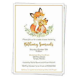 Fox Baby Shower Invitations Woodland Invites Rustic Orange Gender Neutral Boys Girls It's A Boy It's A Girl Foxes Sprinkle Watercolor Green White Forest Friends (12 count)