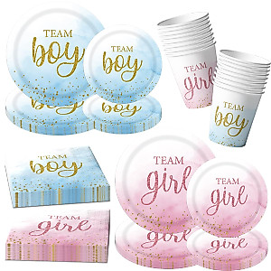 Gender Reveal Party Supplies - 80Pcs Team Boy or Team Girl Tableware Set Disposable Paper Plates,Napkins Gender Reveal Theme Table Decorations for Baby Shower Decorations,Boy or Girl Party