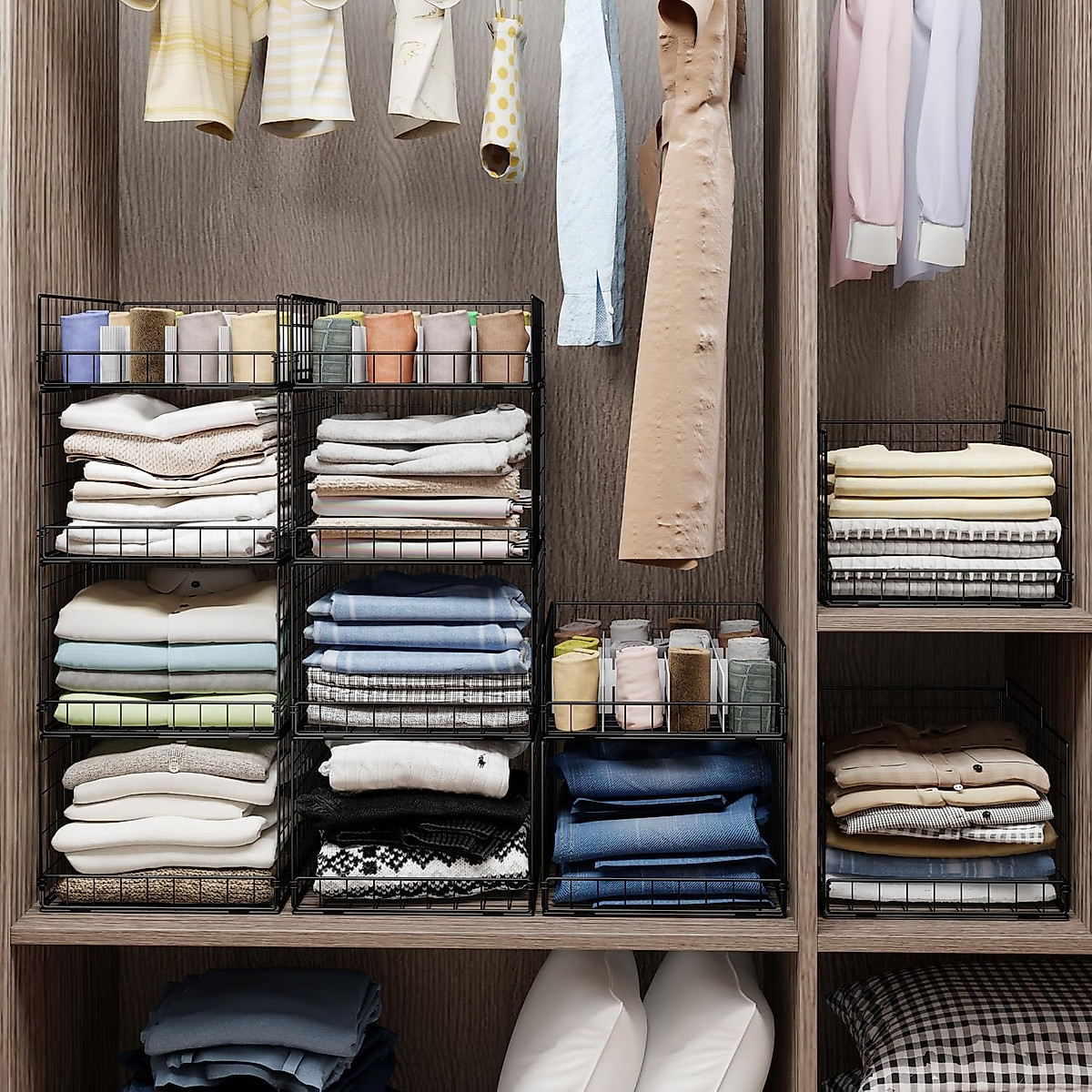 4 Tier Closet Organizers and Storage Shelves for Clothes,4 Pack Stackable Storage Bins Metal Wire Organizer Baskets Containers Drawers with Dividers for Truck Camper RV Closet/Pantries/Wardrobe