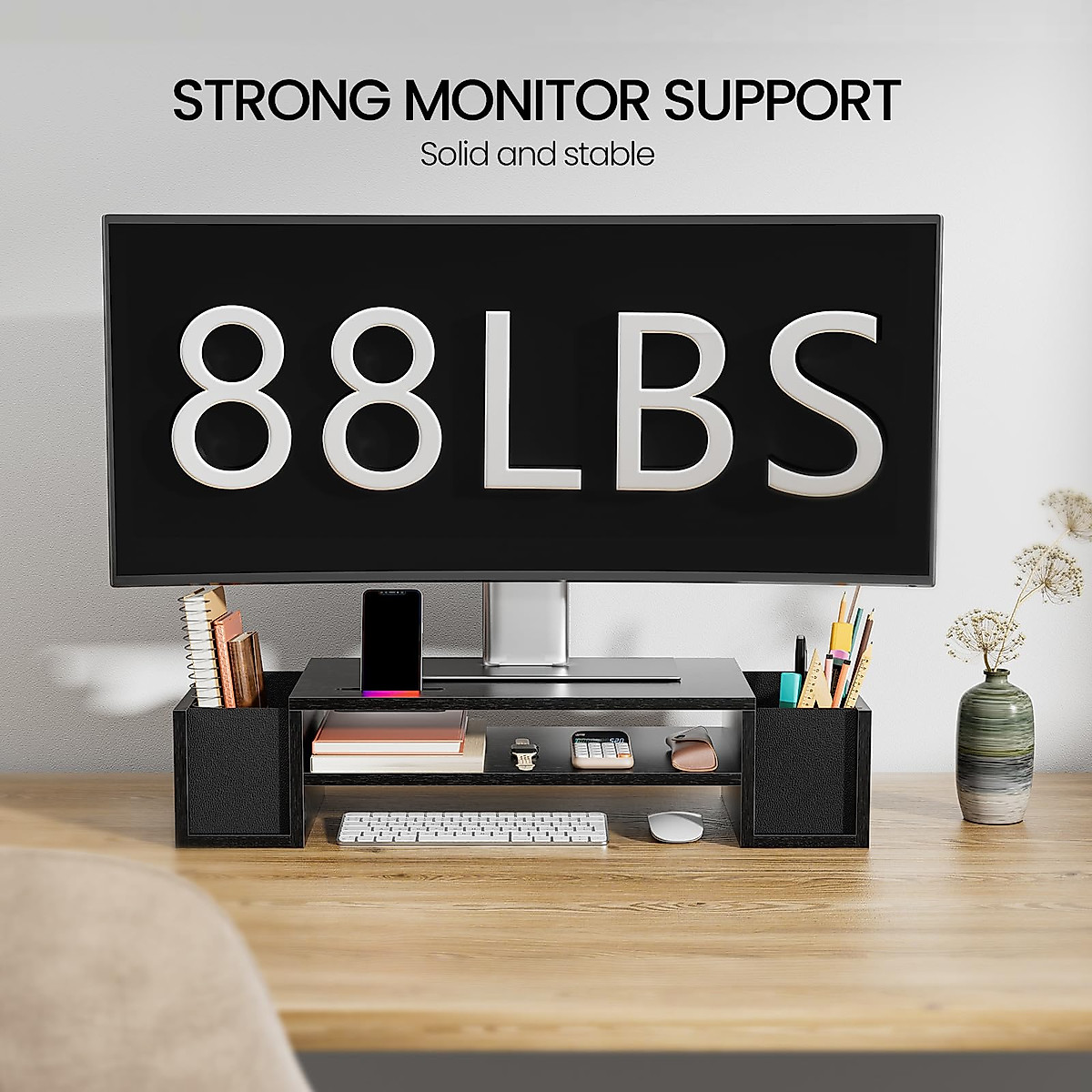 AMERIERGO Monitor Stand Desk Organization with DIY Storage Space, Monitor Riser Stand with Storage with 2 Slots & Phone Holder, Computer Stand 2 Tier for Home Office Use