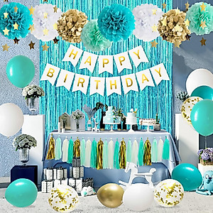 Teal Blue and Gold Birthday Party Decorations with Happy Birthday Banner,Foil Fringe Curtain,Tissue PomPoms,Star String Garland for Women Girls Party Decorations