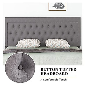 Benevika Queen Size Upholstered Platform Bed Frame with Linen Fabric Button Tufted Headboard, Wood Slat Support, Upholstered Mattress Foundation, No Box Spring Needed, Easy Assembly, Grey