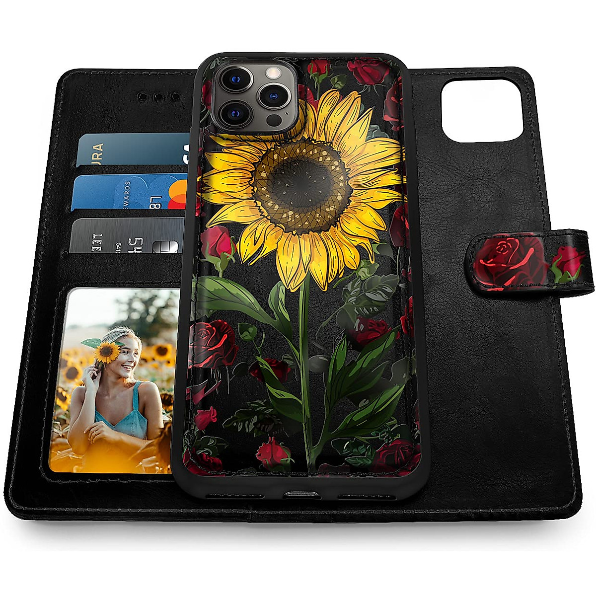 Shields Up for iPhone 15 Pro Wallet Case, Detachable Magnetic Case Wallet with Card Holder & Strap for Girls/Women, Vegan Leather Floral Cover for iPhone 15 Pro 6.1 inch - Rose Flower/Sunflower